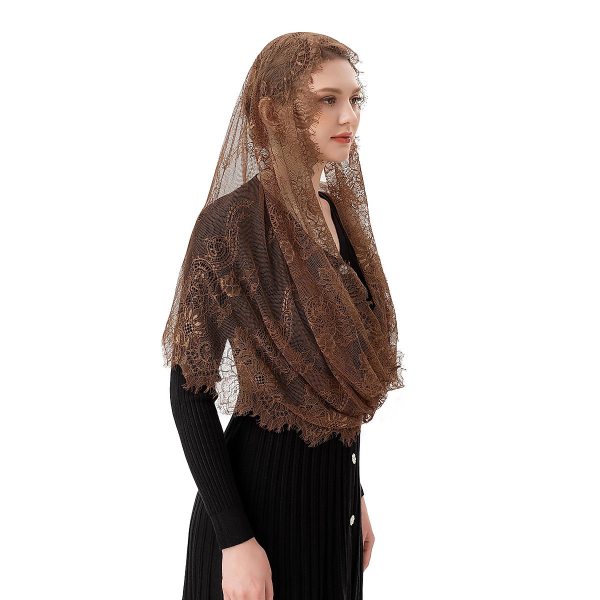 PAMOR Spanish Style Lace Traditional Vintage Inspired Infinity Shape Mantilla Veil Latin Mass Head Covering (Brown)