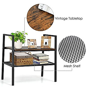 Giantex 2-Tier Storage Shelf Bookcase Stackable Ladder Rack W/ Metal Frame and Mesh Shelf Compact Kitchen Shelf for Living Room, Bedroom, Entryway Kitchen Industrial Style Shoe Rack(1)