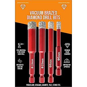Superior Diamond Tools Dry Diamond Drill Bits - 4pcs - 1/4'' (6mm), 5/16'' (8mm), 3/8'' (10mm), 1/2'' (12mm) - Quick Change Hex Shank - Tile Drill Bits - Ceramic Drill Bit - Porcelain Drill Bits
