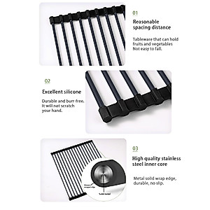 VICEAXY Roll-Up Dish Drying Rack 17” x 13”, Stainless Steel with Silicone Wrapped Drainer Rack, Foldable Sink Rack Mat for Kitchen Dishes, Cups, Fruits, Vegetables (M, Black)