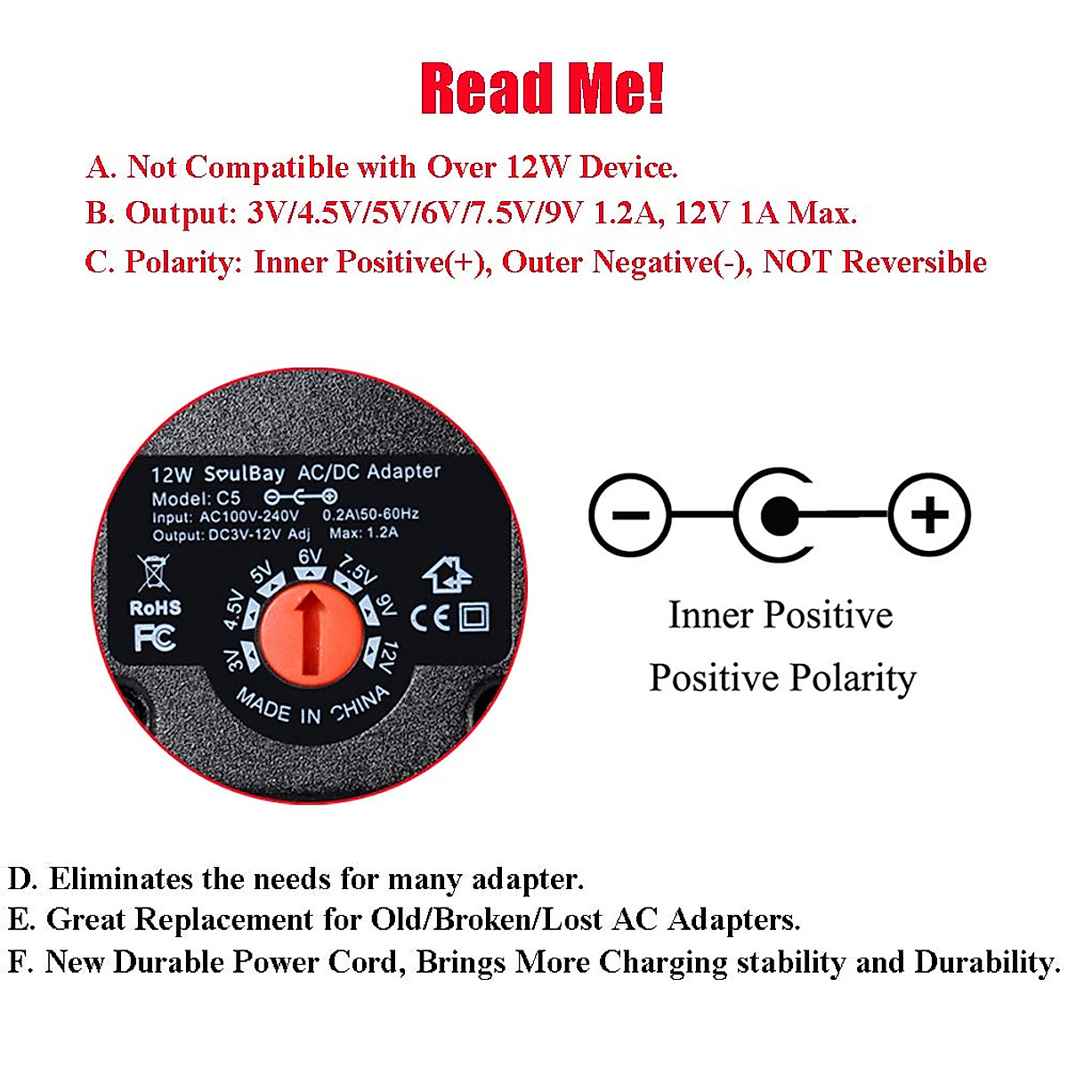 SoulBay 12W Universal AC Adapter 3V 4.5V 5V 6V 7.5V 9V 12V Switching DC Power Supply Charger Cord with 8 Tips for 3-12V Household Electronics - 1A Max