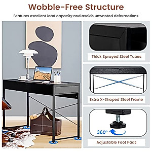 GOFLAME 44 inch Computer Desk with 2 Storage Drawers, Home Office Desk with Steel Frame, Simple Study Writing Workstation, Makeup Vanity Console Table for Living Room, Bedroom & Study (Black)