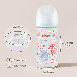 Pigeon Silicone Coating (Glass Inside/Silicone Outside) Nursing Bottle, Wide Neck, Streamlined Body, Natural Feel, Easy to Clean, Heat-Resistant, Flowers, 8.1 Oz
