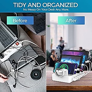 Charging Station for Multiple Devices, 6 Port 50W Fast Multi Charger Organizer with Watch Bracket Equipped for iPhone iPad Android Tablet Watch and Other Electronics(6 Cables Included)