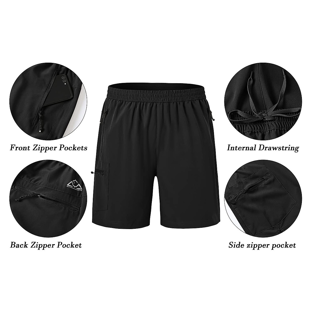 BGOWATU Men's Athletic Hiking Shorts Stretch Quick Dry Sports Gym Shorts with Zipper Pockets for Fishing Travel Black M