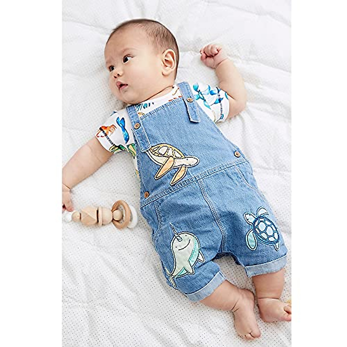 Lvyinli Baby Boy Clothes Set Infant Boy's Long Sleeve Romper+Dinosaur Denim Overalls Toddler Boys Summer Clothes Outfits (Blue Turle, 6-12 Months)