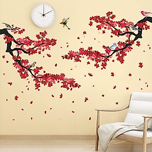 Romantic Red Flowers Wall Decals 3D Plum Floral Tree Branches Wall Stickers DIY Removable Peach Cherry Blossom Birds Wall Decor for Kids Girls Bedroom Living Room Nursery Office Decoration DT-4978