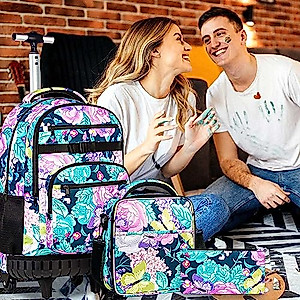 Rolling Backpack for Girls, 21 Inch Water Resistant Flowers Butterfly Bookbag with Roller Wheels, Elementary Wheeled Backpacks for Teens Students School Travel