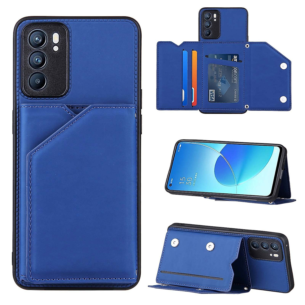 Compatible with Oppo Reno6 Pro 5G Cover Case,PU Leather Kickstand with Card Slot,Compatible with Oppo Reno 6 Pro 5G Case 2 in 1 Phone Case Cover Blue