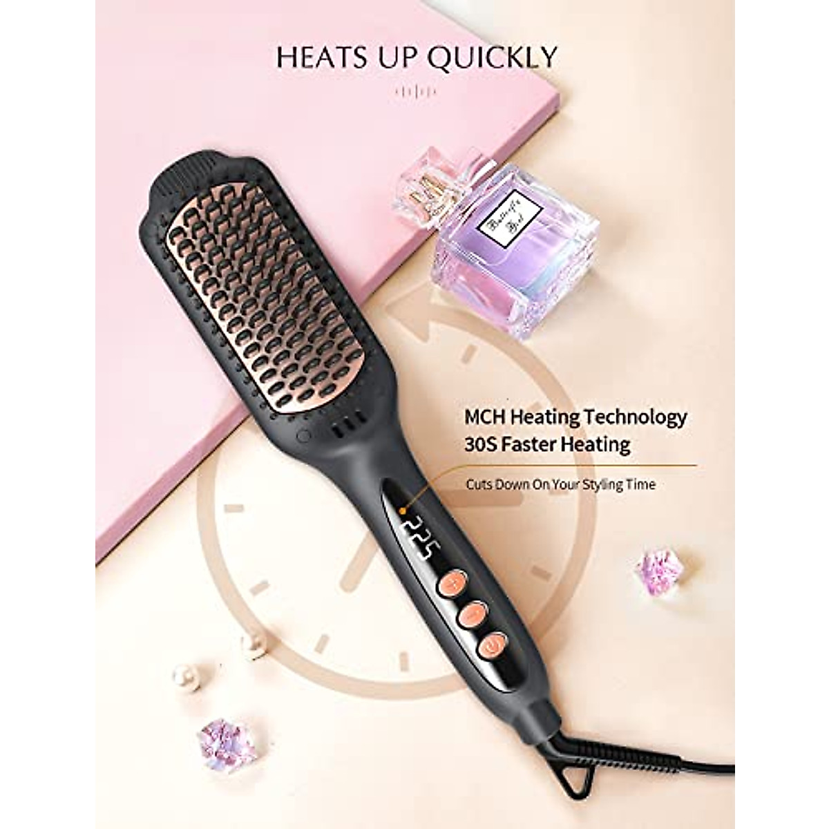Hair Straightener Brush Heated Straightening Brush: Negative Ion Hot Hair Brush for Smooth Frizz-Free Women Hair - Ceramic Flat Iron Brush - Dual Voltage Anti-Scald Fast Heating
