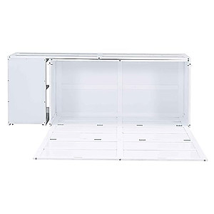 ATY Queen Size Murphy Bed with Rotable Desk, Solid Wood Bedframe w/Shelves, Can Converted into Cabinet, Save Space Design, for Kids, Students, Adults, Box Spring Not Required, White