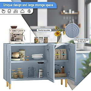 HLR Buffet Cabinet with Storage and 3 Doors, 47" Modern Wood Accent Storage Cabinet with Relief Patterned Doors, Sideboard Cabinet Credenzas for Living Room, Dining Room, Kitchen, Entryway, Blue