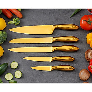 Golden Kitchen Knife Set 5 Piece WELLSTAR, Razor Sharp German Stainless Steel Blade and Ergonomic Handle with Gold Titanium Coated, Chef Carving Bread Utility Paring for Cutting and Peeling - Gift Box