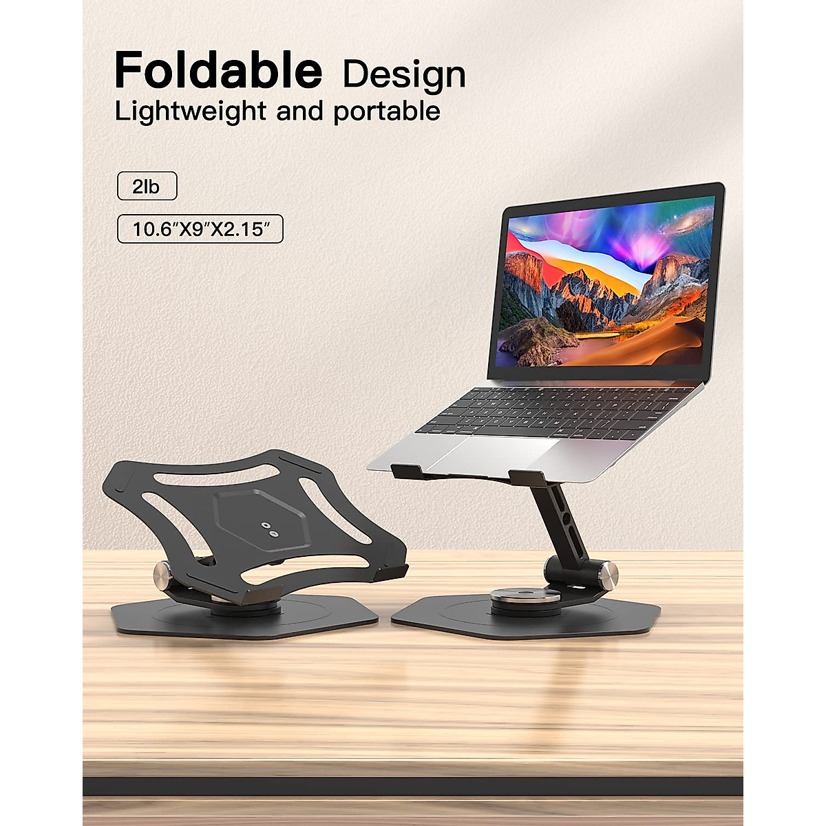 SOJUNER Swivel Adjustable Laptop Stand, 360° Rotating of Aluminum Laptop Stand for Desk, Laptop Riser with Mechanical Sound, Laptop Computer Stand Compatible with 10-16 inch Laptop, Black