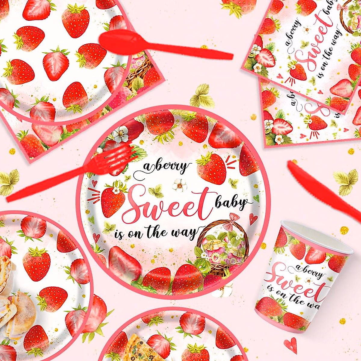 JVORFDG 169pcs Strawberry Baby Shower Deorations Berry Sweet Plates Napkins Cups Tablecloths A Berry Sweet Baby is On The Way Paper Tableware Set Strawberry Party Supplies Serves 24 Guests