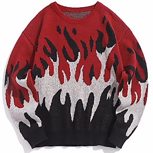 ZAFUL Men's Long-Sleeve Flame Graphic Y2K Aesthetic Crewneck Sweater Oversized Knit Jumper Pullover Wine Red XL