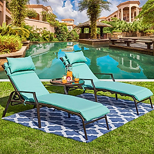 LOKATSE HOME 3 Pieces Outdoor Patio Chaise Lounge Chair Lounger Seating Furniture Set with Cushions and Table, Light Blue