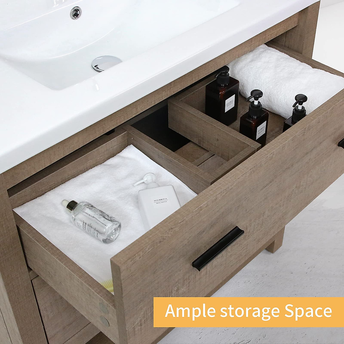 wonline 36’’ Bathroom Vanity with Sink Freestanding Cabinet Set Design Resin Basin Undermount Sink with Mirror Chrome Faucet P-Trap Drain Modern Bathroom Sink Cabinet Brown Powder Room