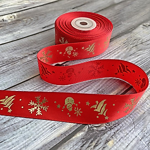 CUISANHOUSE 25Y Christmas Ribbon Satin, 1 inch Wide Printed Ribbons with Golden Christmas Tree Snowman Snowflakes, Merry Christmas Ribbon for Kids Gift Packaging Wrapping Craft Decoration (Red)