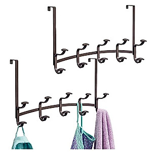 mDesign Decorative Metal Over Door 10 Hook Storage Organizer Rack for Coats, Hoodies, Hats, Scarves, Purses, Leashes, Bath Towels, Robes, Clothing - Hydra Collection - 2 Pack - Bronze