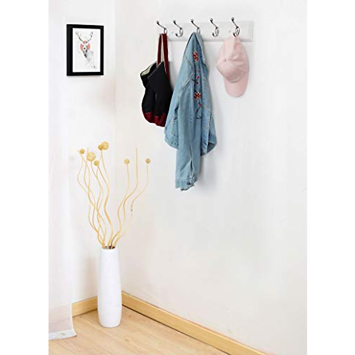 Creathome 27" Hadi Hookrail with Five Hooks, White Board and Chrome Powder Coated Hook (2 Pcs Package)