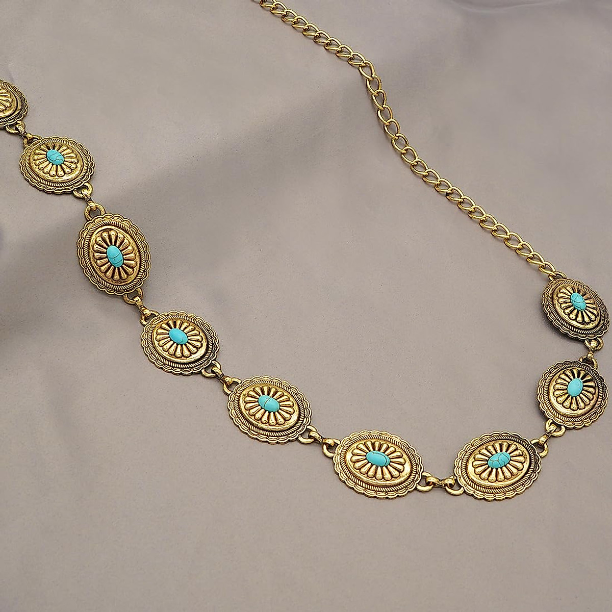 Liutufy Women's Turquoise Concho Chain Belt Western Cowgirl Metal Waist Chain Belt for Dress (B Gold-M)