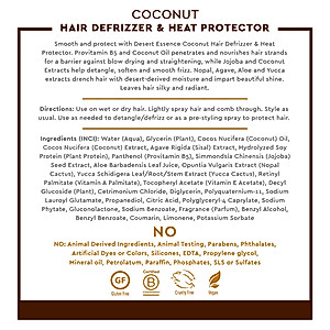 Desert Essence Coconut Hair Defrizzer & Heat Protector 8 fl oz - Gluten Free, Vegan, Cruelty Free - Coconut Oil & Jojoba Seed Extract - Protects Hair from Heat & Styling Damage