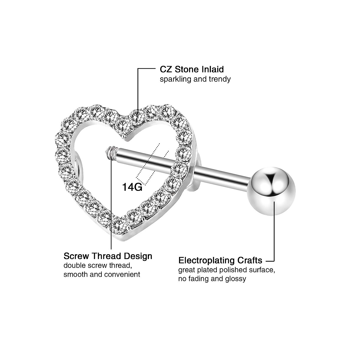 JOVITEC 2 Pairs Stainless Steel Nipple Ring CZ Barbell Rhinestone Nipple Studs for Nipple Tougue Body Piercing, 14 G (Silver)