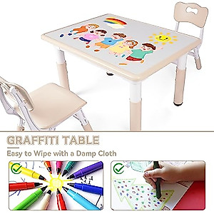 DOREROOM Kids Table and 2 Chairs Set, Height-Adjustable Toddler Table and Chair Set with Graffiti Desktop, 31.5''L x 23.6''W Children Activity Table for Daycare, Classroom, Home