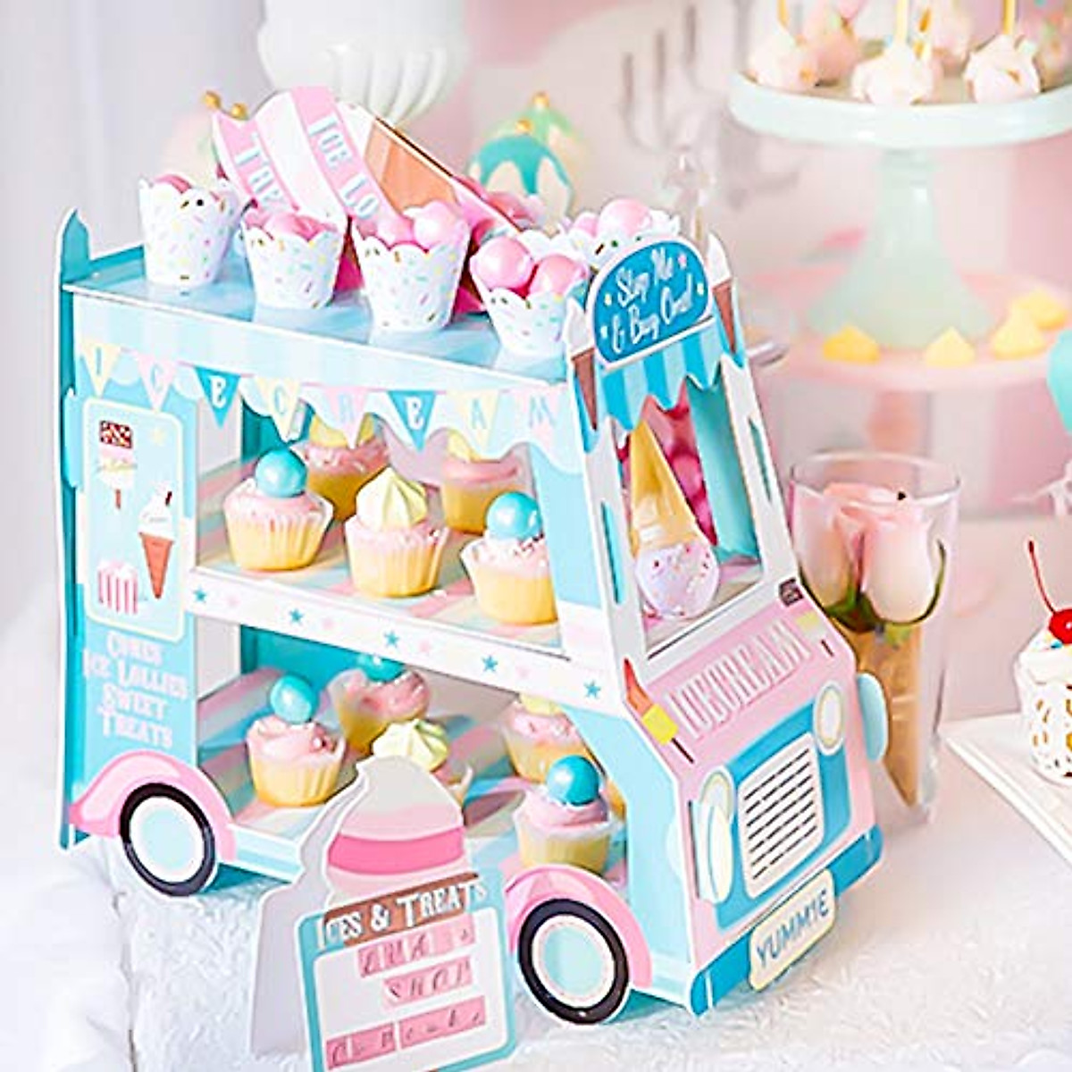 Aooba Van Cake Stand, Ice Cream Truck Decorations - Ice Cream Baby Shower，Birthday Party Supplies Table Centerpiece Decor Ice Cream Cart Cake Cupcake Stand(3 Tier)