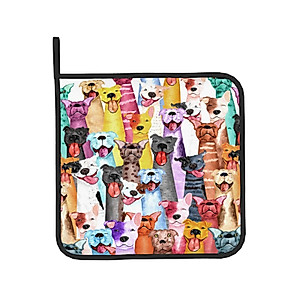 Cute American Pit Bull Terrier Dogs Puppy Lovers Colorful Tie Dye Oven Mitts and Pot Holders Sets Reusable Soft Cotton Heat Resistant Oven Gloves For Kitchen Microwave BBQ Baking Print Oven Mitt Gifts
