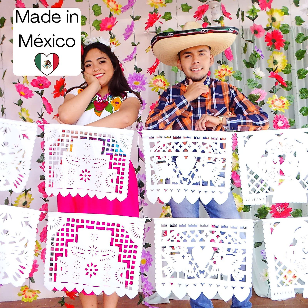 5 Pk Mexican Plastic Banners, 75 ft Long White Mexican Wedding Garlands, Perfect for Rehearsals, Bridal Shower, Photo Booth Backdrop, Engagement Party, Wedding Backdrop Banner B41