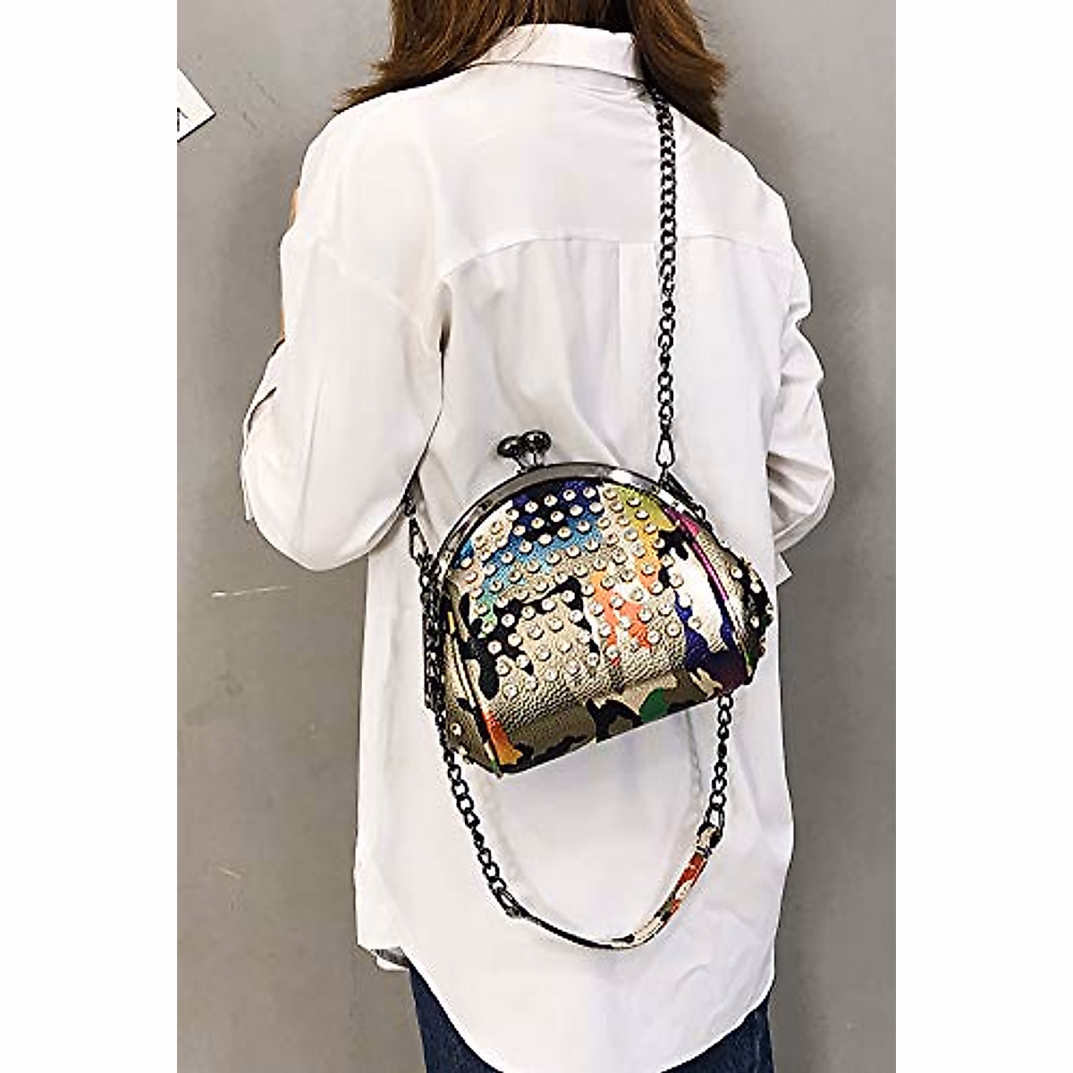 QZUnique Women Glitter Sequin Lock Top Handle Handbag Evening Purse Crossbody Shoulder Bag with Chain Strap