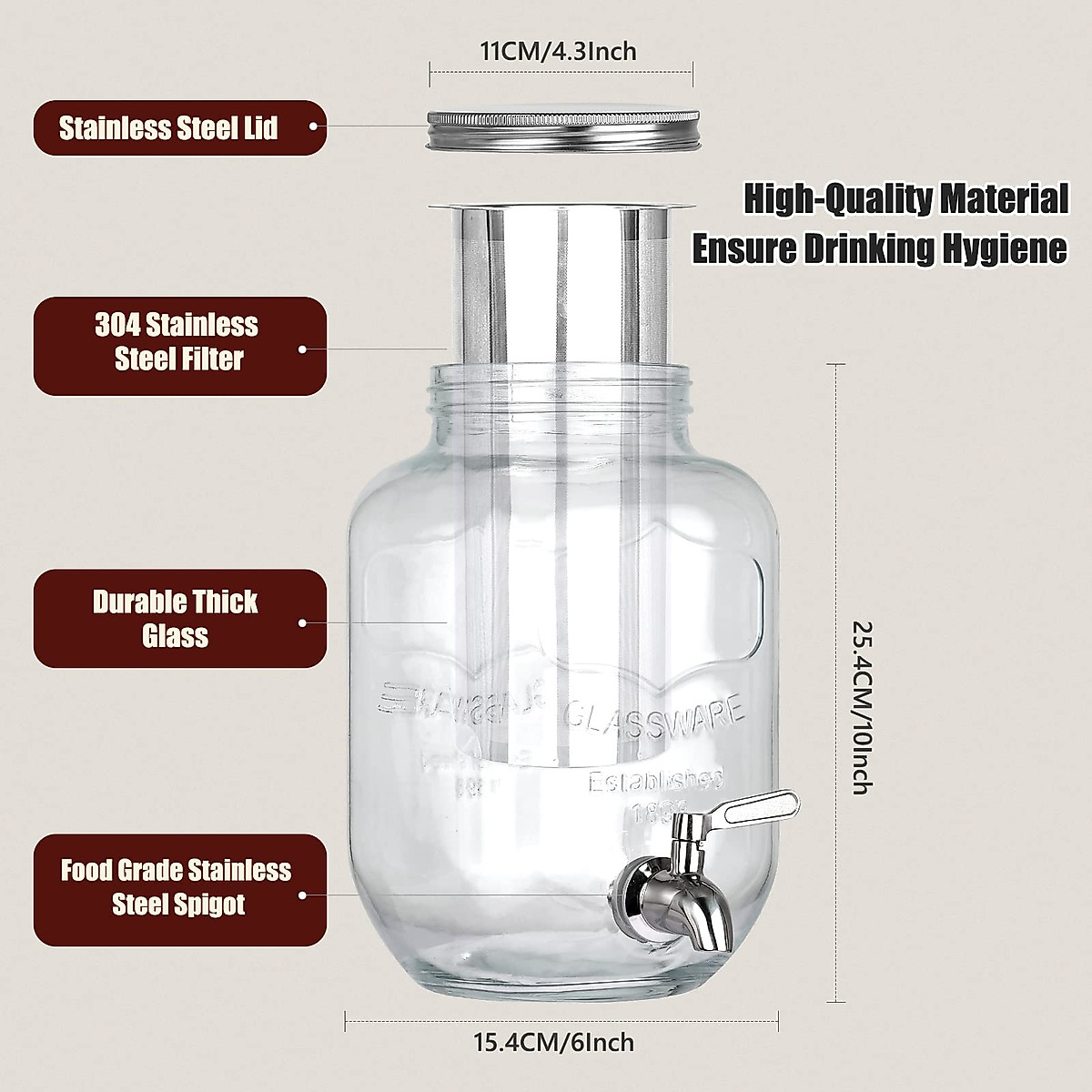 Homtone 1 Gallon Cold Brew Coffee Maker Dispenser, Cold Brew Coffee Kit with Stainless Steel Spigot, Iced Coffee Beverage Dispenser, Reusable Cold Brew Mason Jar for Home Fridge