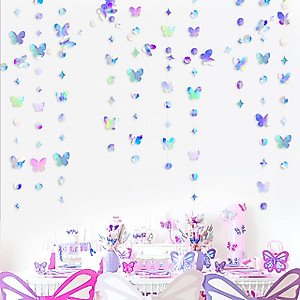 pinkblume Iridescent Butterfly Garland Holographic Paper Hanging Circle Dot Star Butterflies Streamer Banner for Spring Birthday Engagement Bridal Shower Wedding Bachelorette Party Decoration Supplies