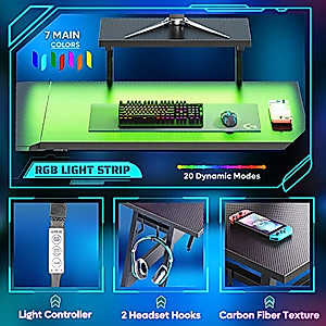 Bestier LED Gaming Desk Carbon Fiber Black L Shaped Computer Desk with Monitor Shelf Corner PC Gaming Table 2 Headset Hooks Home Office L Desk, 20 LED Modes 51 Inch
