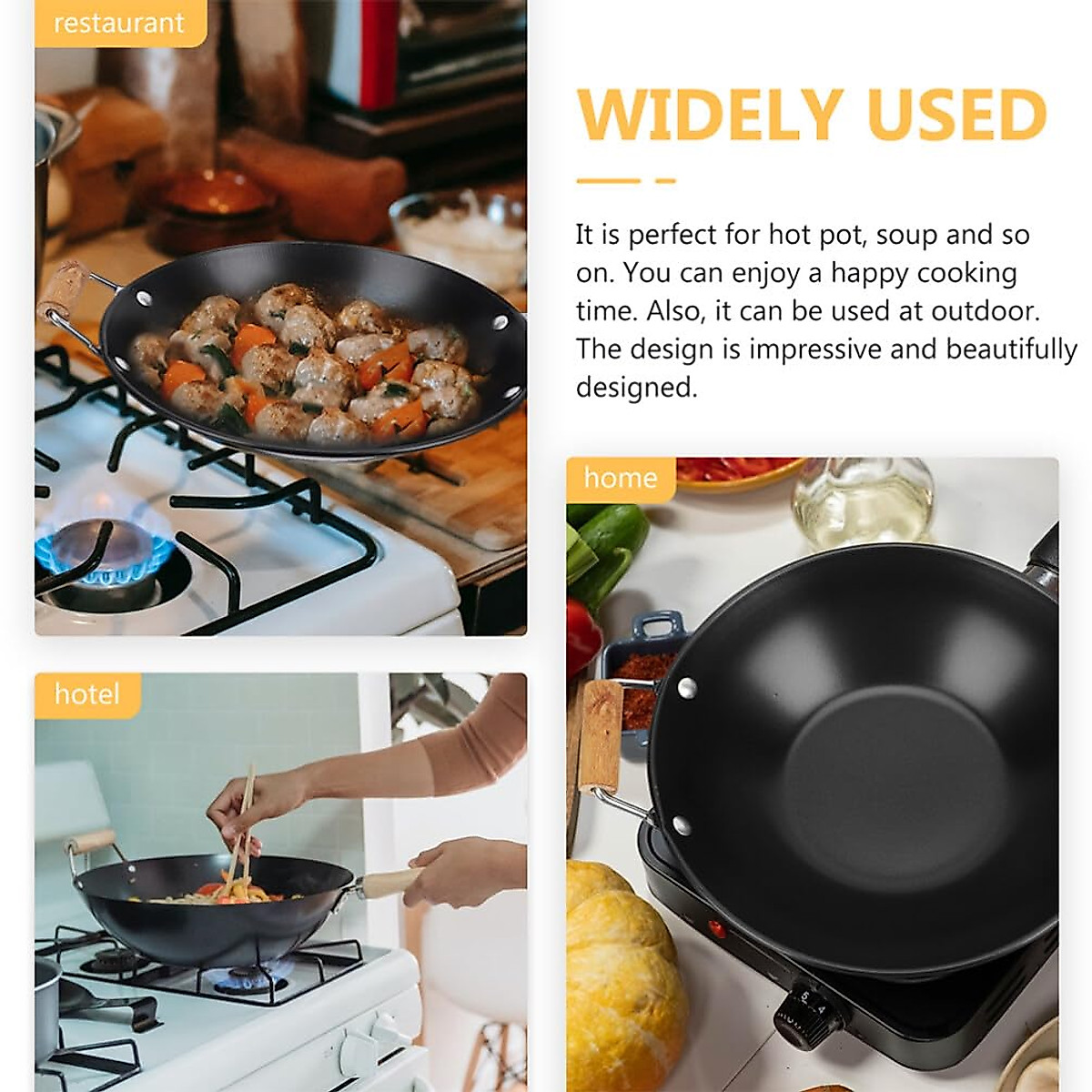 DOITOOL 2PCS Wok Pan Nonstick, Carbon Steel Flat Bottom Wok with Wooden Handles, Chinese Wok for Electric, Gas, Halogen, Restaurant Kitchen