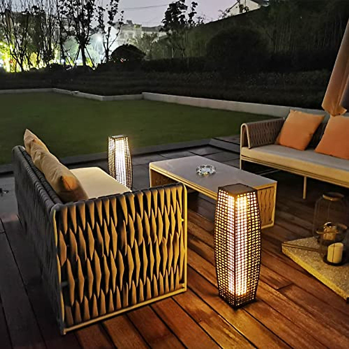 UCAJULICY Solar Floor lamp Outdoor Decoration Resin Wicker/Rattan Lantern Waterproof Automatic Switch,for Patio Deck Pathway Garden (Grey)