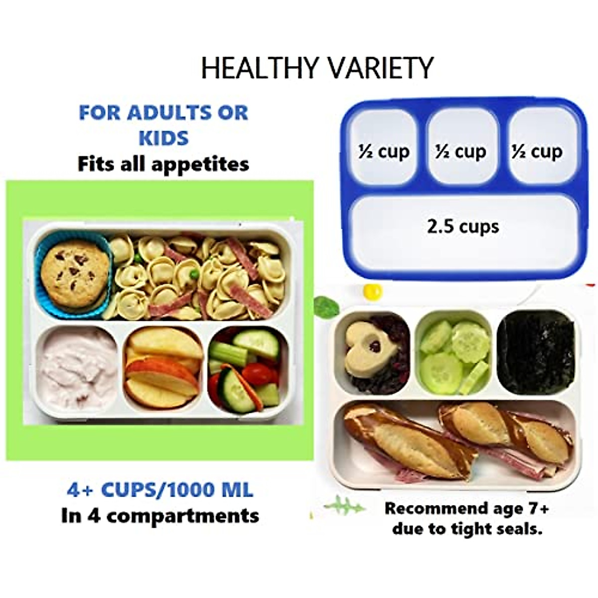 Bento Lunch Box for Kids Boys Adults, School Lunch-Box 4 Leakproof Compartments Snack Container with Utensils, Blue