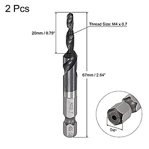 uxcell Combination Drill and Tap Bit, 1/4" Hex Shank M4 x 0.7 Metric TiAlN Coated M35 Cobalt High Speed Steel Spiral Flute Drilling Tapping Tool 2pcs