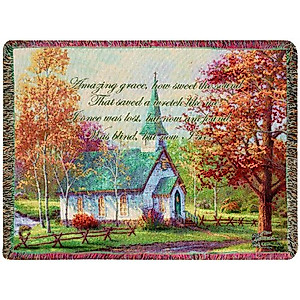 Manual Amazing Grace Tapestry Throw with Quote, Chapel in The Woods by Thomas Kinkade, 60 X 50-Inch