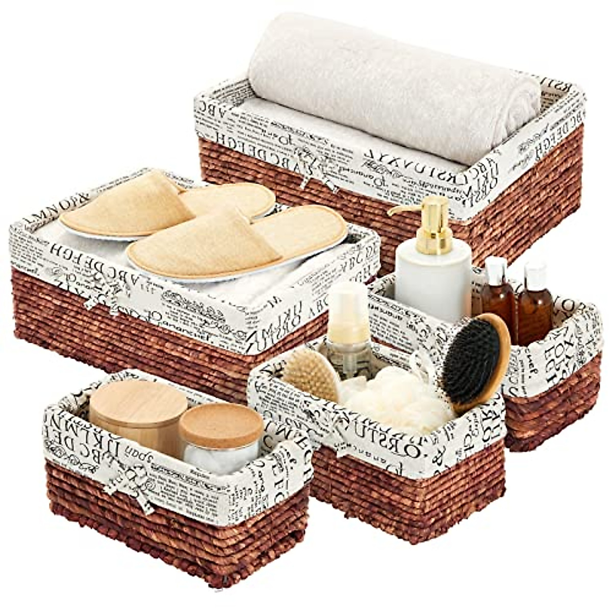 Set of 5 Brown Rectangle Woven Storage Nesting Baskets for Closet Organization, Bathroom Shelves, Pantry, Vanity, Bathroom, Laundry, Dresser, Bookshelf Organizing, Small (3 Sizes)