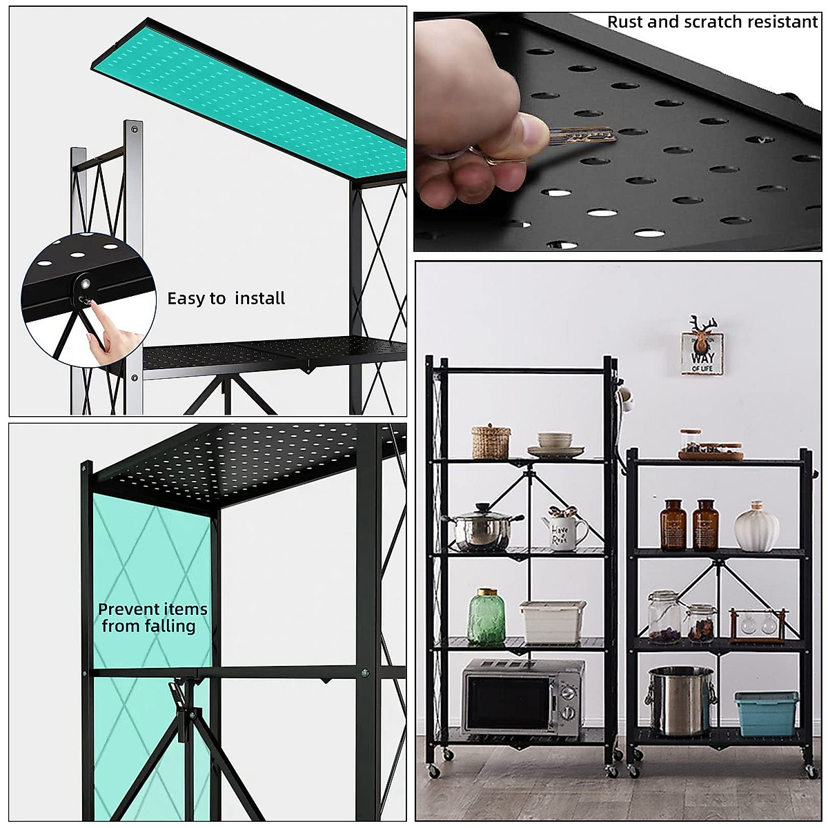 BRIGHTSHOW 5 Tier Storage Shelves Unit, Foldable Garage Shelving Metal Wire Shelf Rack, No Assembly Baker Rack Organizer Microwave Stand for Kitchen, Basement, Pantry, Laundry Room (5 tire Shelf)