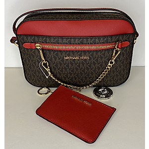 Michael Kors Jet Set Large Chain Crossbody Bag bundled with with SM TZ Coinpouch Wallet and Purse Hook (Signature MK Brown/Flame)