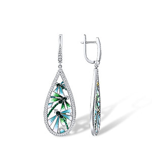 Santuzza Enamel Dragonfly Earrings 925 Sterling Silver Cubic Zirconia Teardrop Dangle Earrings for Women