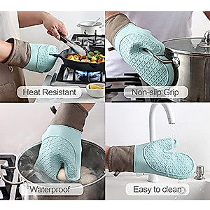 Domonic Home Oven Mitts and Pot Holders Sets, Silicone Oven Mitts Heat Resistant 600F, Oven Mitt Set Soft Lining Good Grip, Oven Gloves and Trivet Mats 4 Piece Set, Aqua Sky