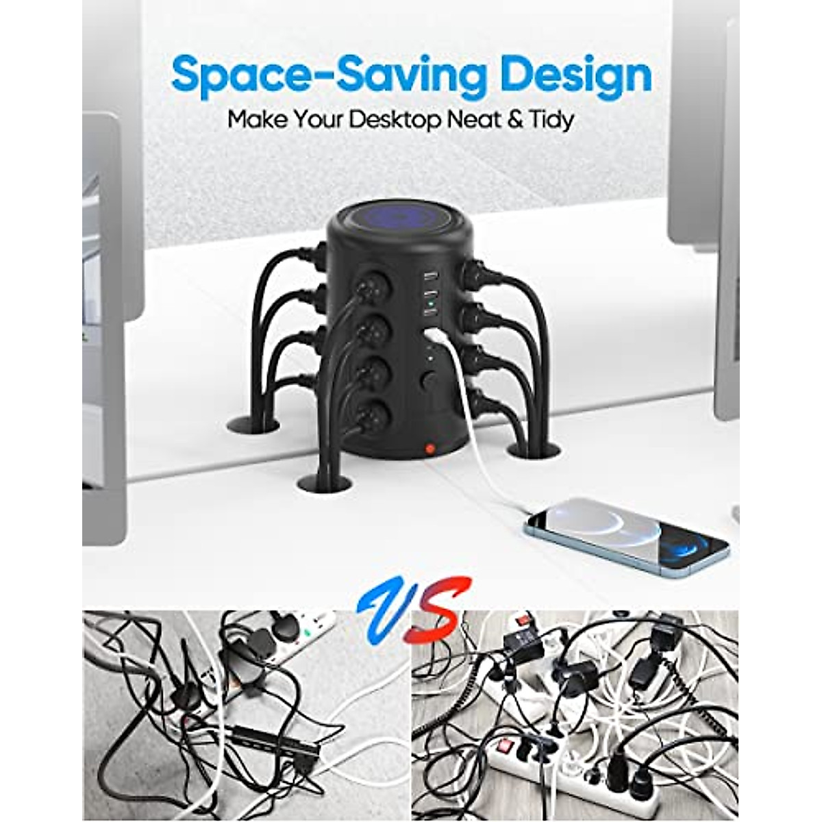 Power Strip Tower with 16 Outlets 5 USB Ports (2 USB C), Acozvin Surge Protector with 6 FT Extension Cord, 1875W Multi Outlet Tower Charging Station for Home Office Desk Essentials