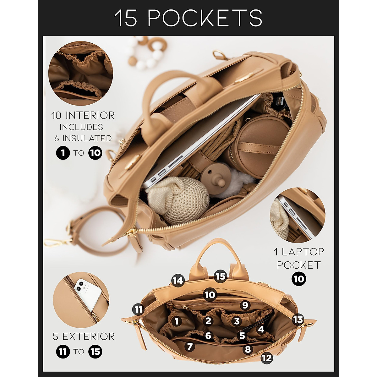 MIA + SOPHIA Leather Diaper Bag Backpack with USB Charging Port, Changing Pad, Stroller Straps, Bottle Holder (Brown Sophia)