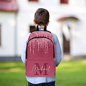 Personalized School Backpack for Daughter Son Custom Red Shinning Glitter Initial Casual Daypacks Lunch Tote Bag Customized Travel Book Bag with Name Knapsack Schoolbag for Teens Boys Girls College