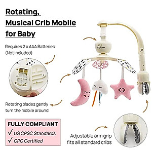 Duomilee Baby Mobile for Crib with Music, Baby Mobiles for Bassinet, Crib Mobile for Girls Length-Adjustable and Rotatable, Nursery Mobiles with Star and Moon for Newborn Aged 0-5 Months(Pink)